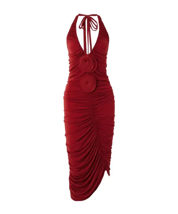 Magda Butrym Floral-appliqué Ruched Dress - Deep Red
