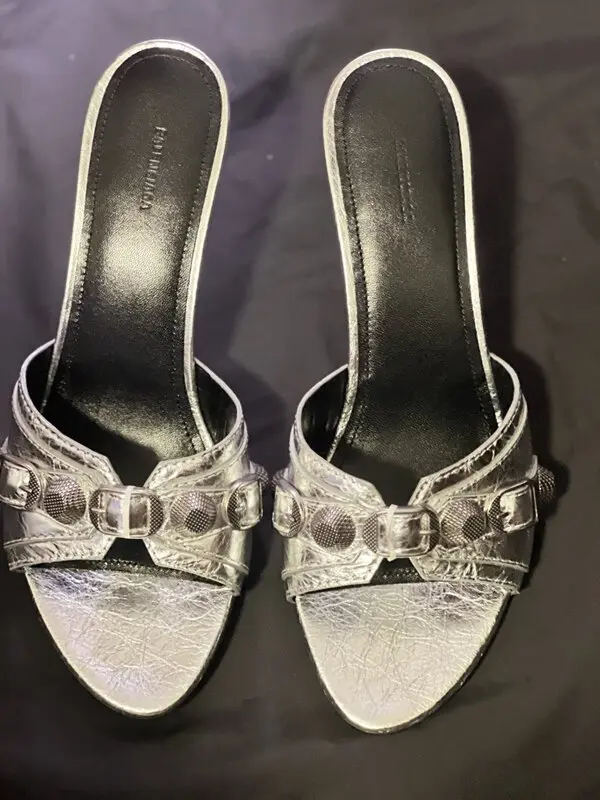 Balenciaga Silver Metallic Studded Sandals - Gray