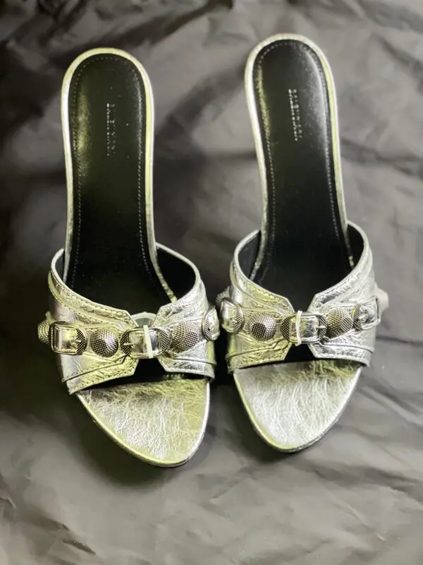 Balenciaga Silver Metallic Studded Sandals - Gray