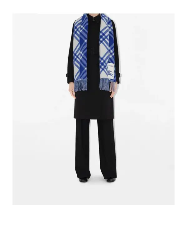 Burberry Logo Patch Checked Fringed Scarf