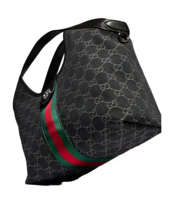 Gucci Gg Denim Tote Bag With Web Detail - Black