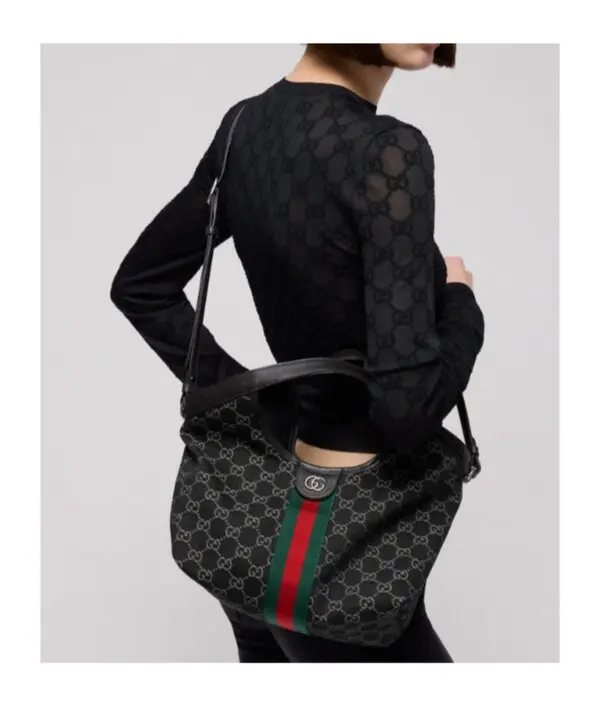 Gucci Gg Denim Tote Bag With Web Detail - Black