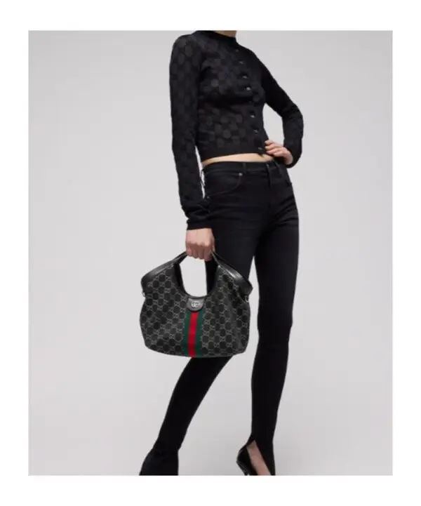 Gucci Gg Denim Tote Bag With Web Detail - Black