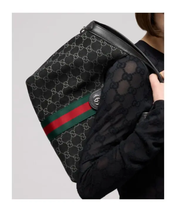 Gucci Gg Denim Tote Bag With Web Detail - Black