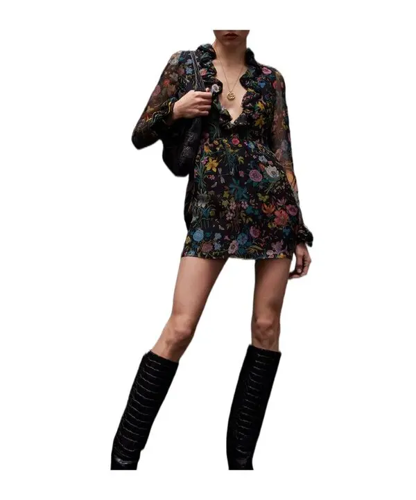Gucci Printed Silk Chiffon Dress With Ruffle Trim