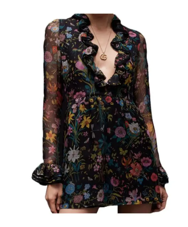 Gucci Printed Silk Chiffon Dress With Ruffle Trim