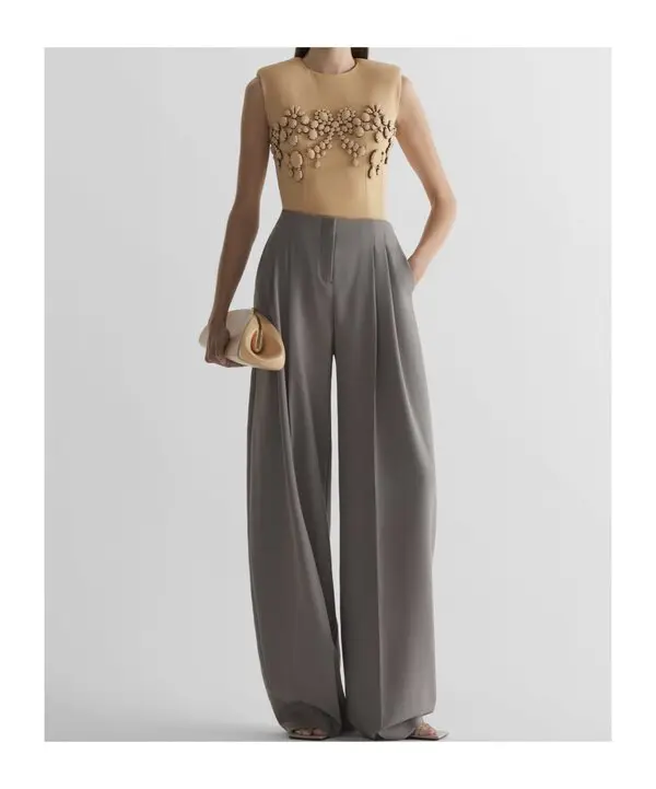 MUGLER Sleeveless Round Neck Embroidered Top - Beige