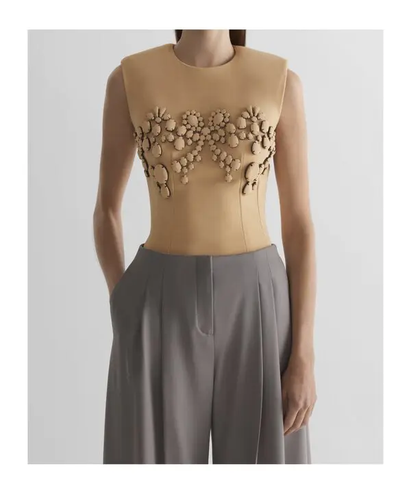 MUGLER Sleeveless Round Neck Embroidered Top - Beige