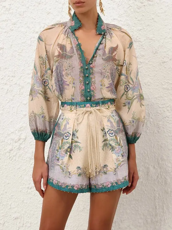 Zimmermann High-waisted Printed Shorts With Belt - Nude