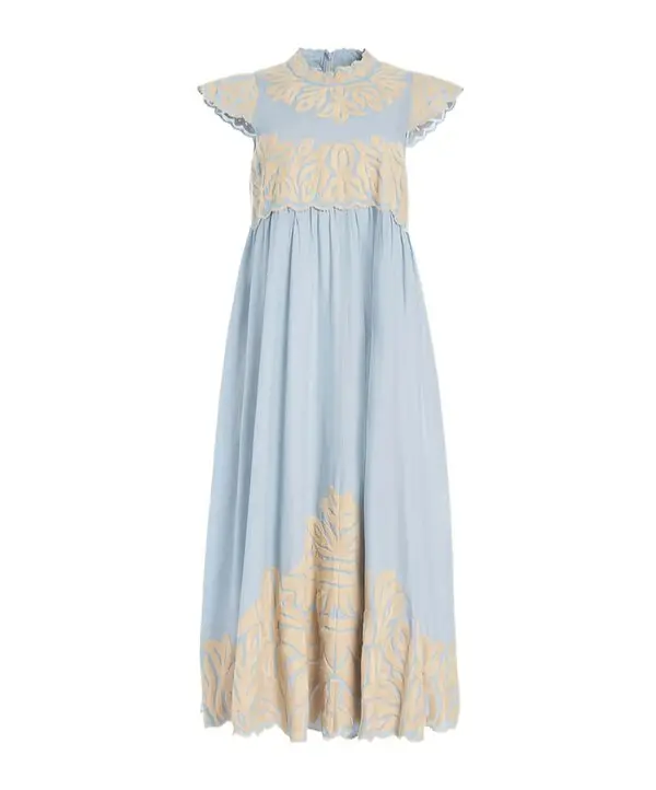 Sea Alexandra Embroidery Cap-sleeve Midi Dress - Blue