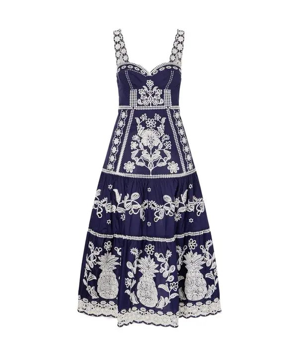 Farm Rio Richelieu Embroidered Sleeveless Midi Dress - Blue