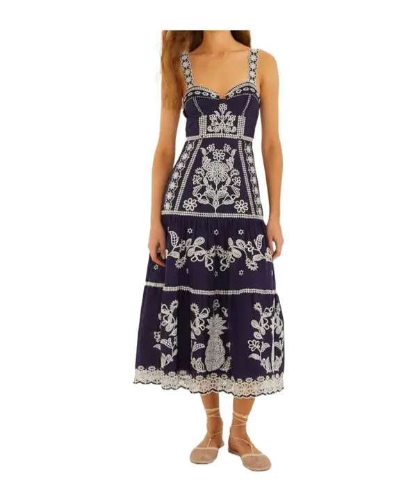 Farm Rio Richelieu Embroidered Sleeveless Midi Dress