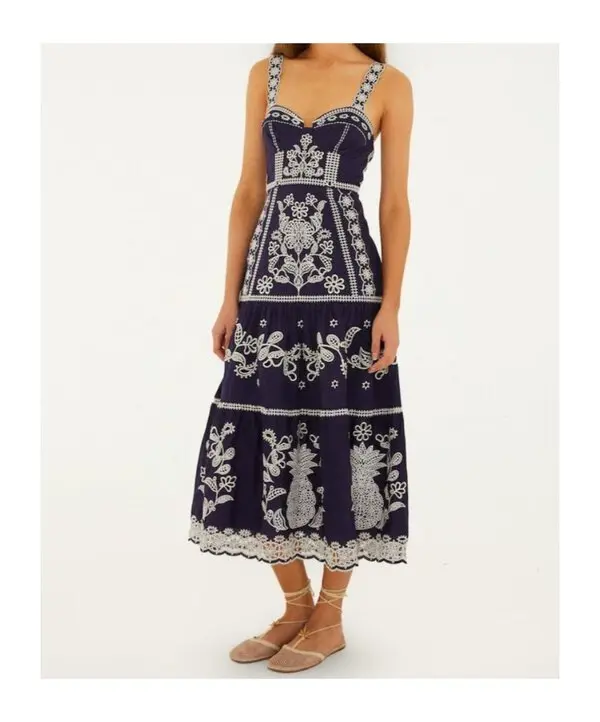 Farm Rio Richelieu Embroidered Sleeveless Midi Dress