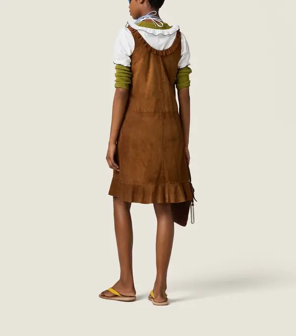 Miu Miu Waxed Suede Mini Dress With Ruffled Neckline