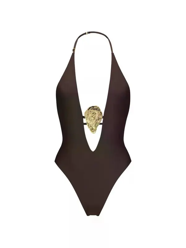KOROBEYNIKOV Oyster-detail Halterneck Swimsuit - Brown