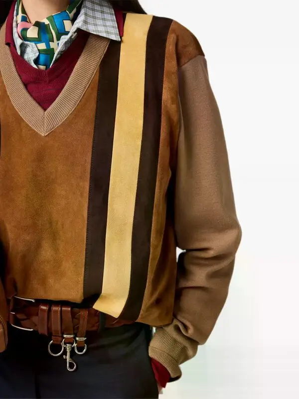 Miu Miu Wool And Suede Striped V-neck Sweater - Brown