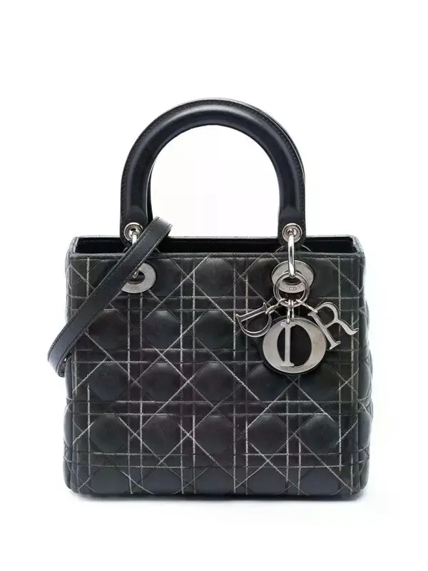 Dior Lambskin Cannage Contrast Stitch Lady Satchel - Black