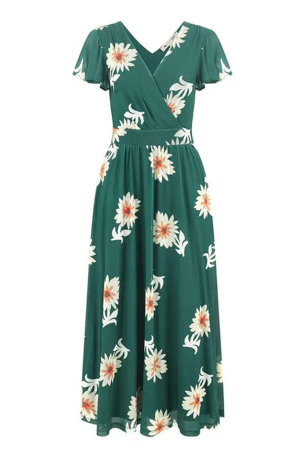 YUMI Mesh Flower Wrap Midi Dress With Pockets - Green