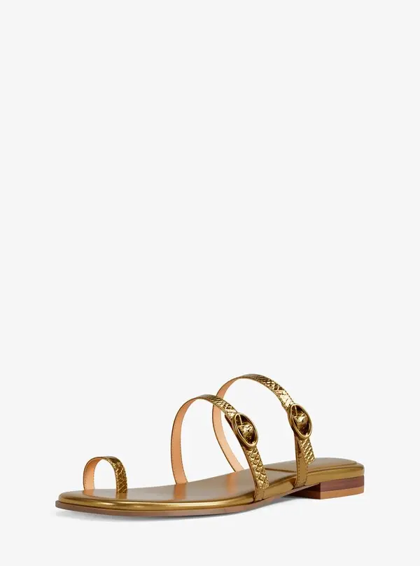 Michael Kors Kya Metallic Embossed Leather Flat Sandal - Gold