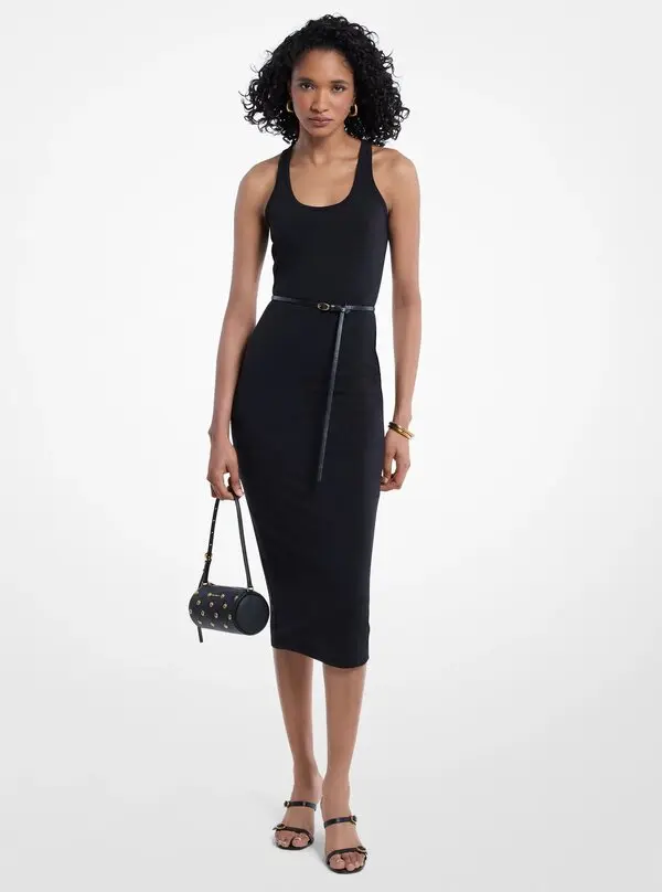 Michael Kors Belted Stretch Matte Jersey Racerback Tank Dress - Black