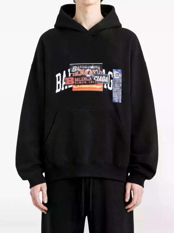 Balenciaga Logo Print Cotton Hoodie - Black