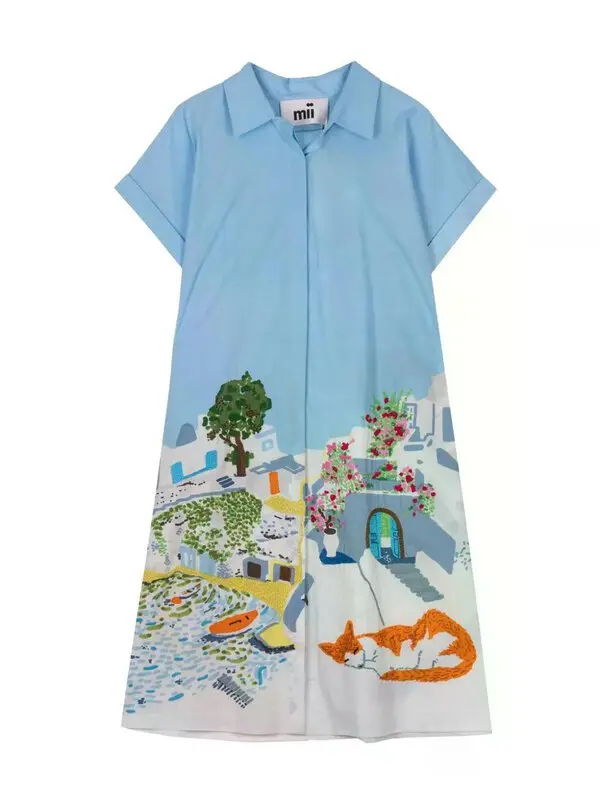 MII Elios Embroidered Graphic-print Shirt Mini Dress - Blue