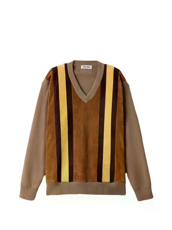 Miu Miu Wool And Suede V-neck Sweater - Brown