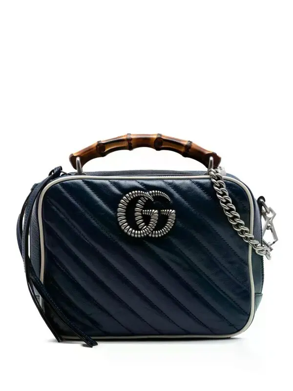 Gucci Small Gg Marmont Matelassé Diagonal Leather Torchons Bamboo Satchel - Blue
