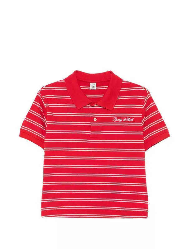 SPORTY & RICH Striped Logo Embroidered Cotton Polo Shirt - Red