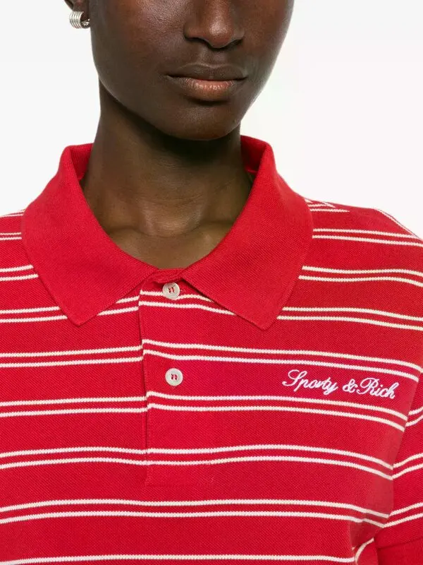 Sporty & Rich Striped Logo Embroidered Cotton Polo Shirt