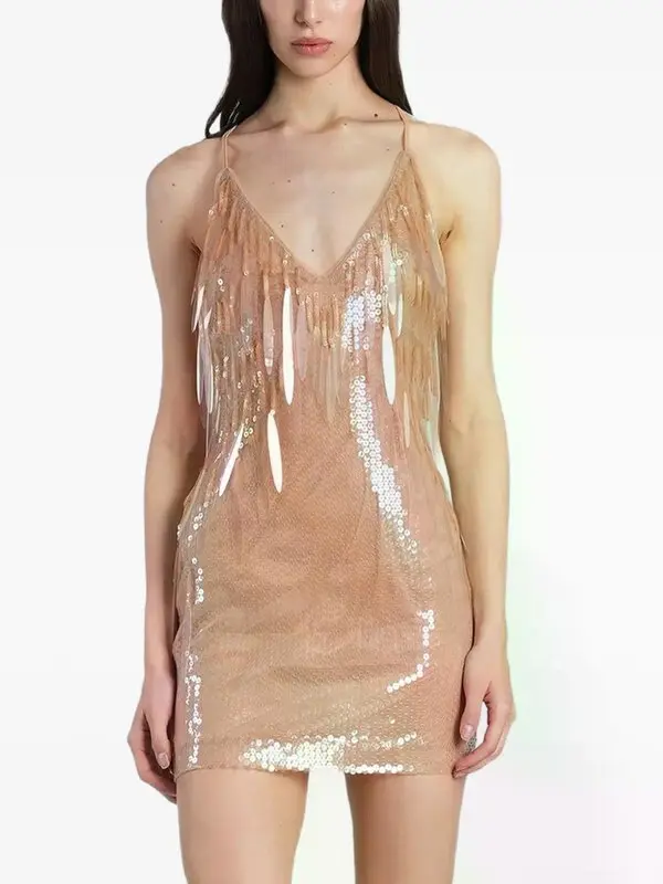 David Koma Sequin Embellished Fringed Mini Dress - Neutrals