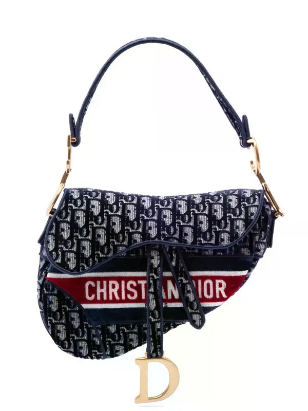 Dior Oblique Embroidered Velvet Saddle Bag Shoulder Bag - Blue