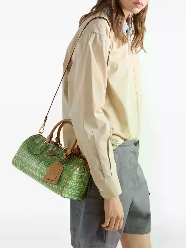 Prada Small Linen Blend And Leather Top-handle Bag - Green