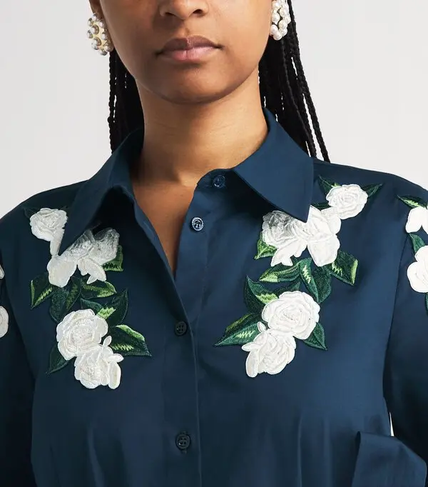 Carolina Herrera Embroidered Floral Midi Shirt Dress - Navy