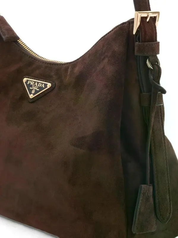 Prada Logo Plaque Suede Shoulder Bag - Brown