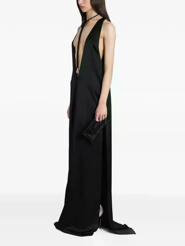 David Koma Satin Plunge V-neck Side-slit Dress - Black