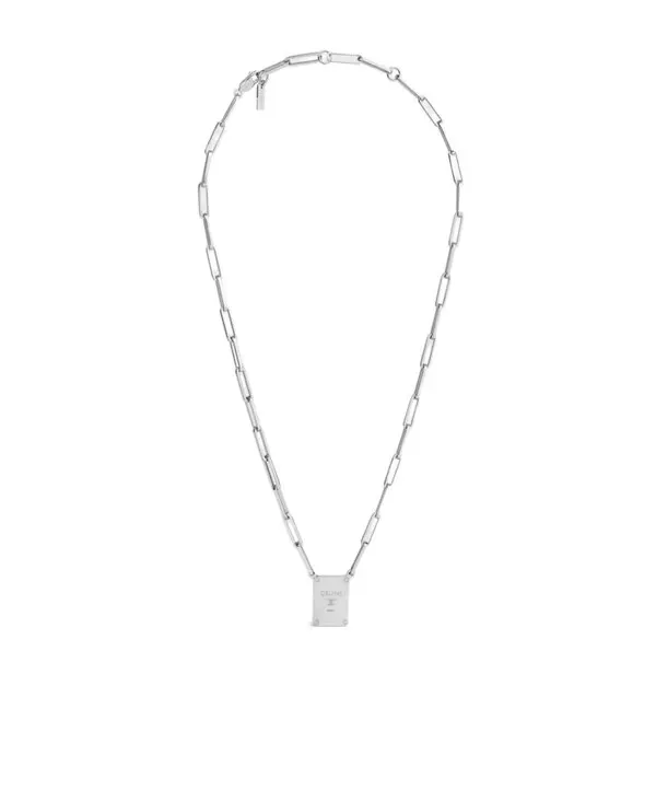Celine Triomphe Tag Necklace In Brass With Rhodium Finish - Silver