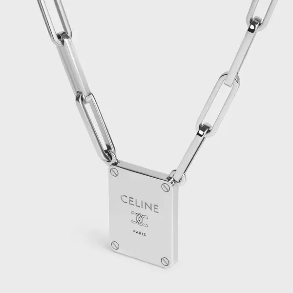 Celine Triomphe Tag Necklace In Brass With Rhodium Finish