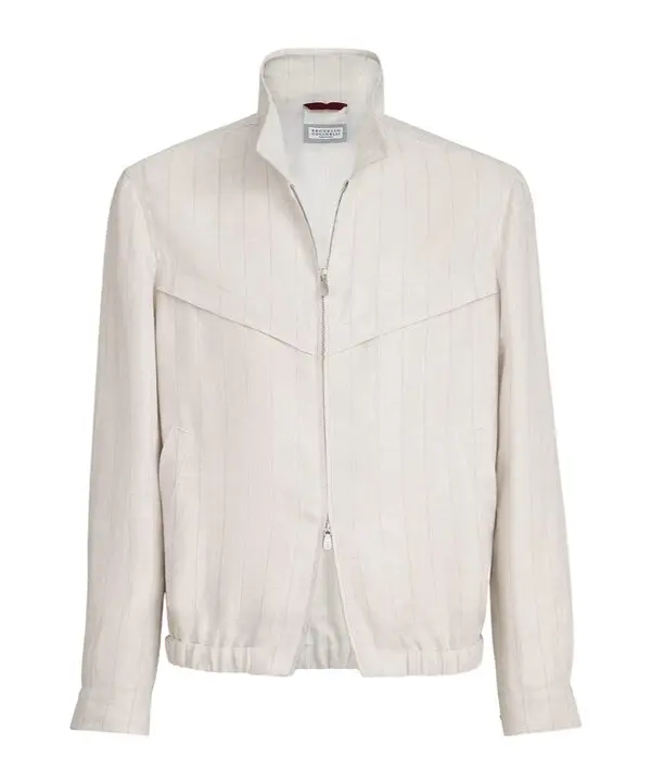 Brunello Cucinelli Linen Chalk Stripe Chevron Outerwear Jacket