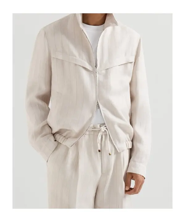 Brunello Cucinelli Linen Chalk Stripe Chevron Outerwear Jacket