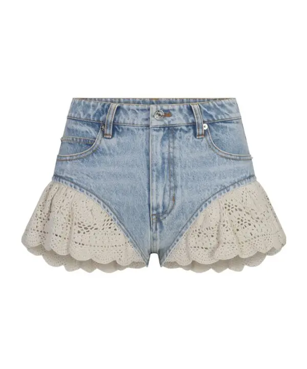 FRAME Crochet Ruffle Denim Shorts