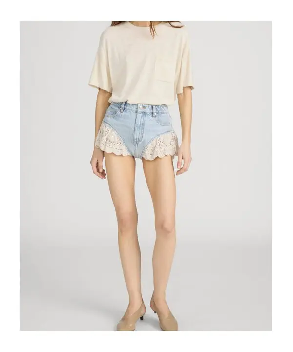 FRAME Crochet Ruffle Denim Shorts