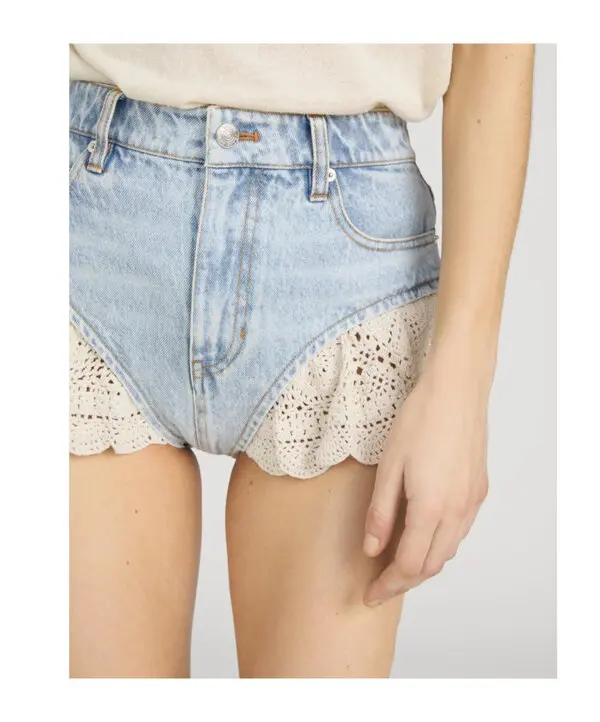 FRAME Crochet Ruffle Denim Shorts