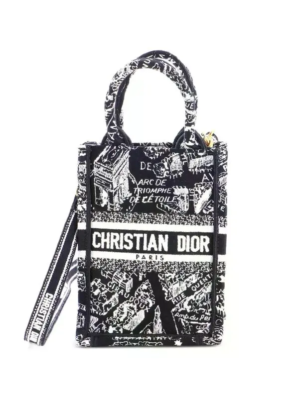 Dior Embroidered Canvas Mini Book Tote Phone Bag - Black