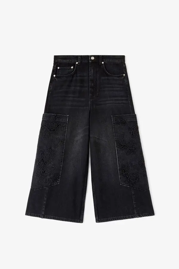 GANNI Cropped Cargo Jeans With Broderie Anglaise