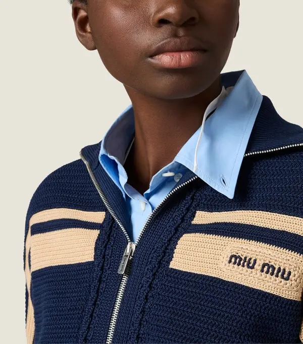 Miu Miu Crochet Zip-up Cardigan With Striped Accents