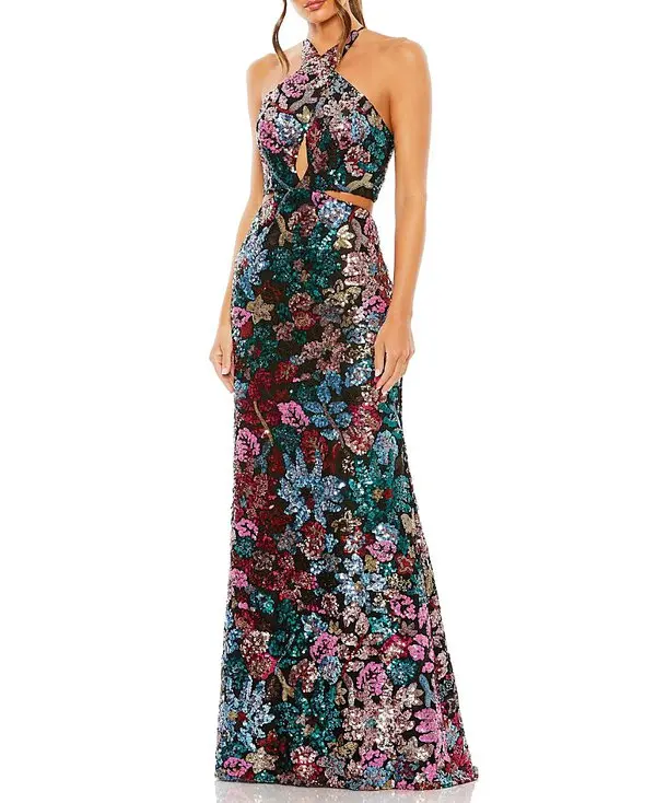 Mac Duggal Sequin Embellished Cross Neck Gown - Black Multi