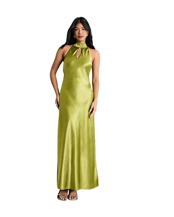 WAREHOUSE Satin Tie Neck Cowl Maxi Dress - Olive