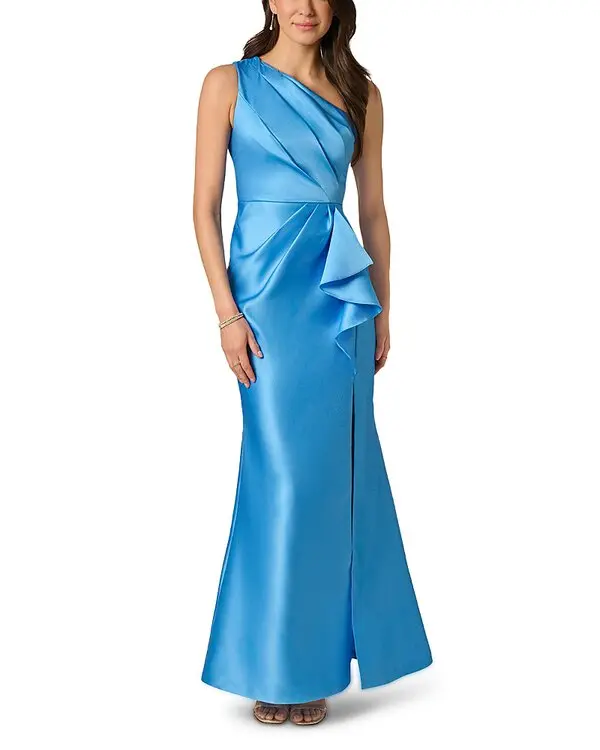 Adrianna Papell One Shoulder Mikado Gown With Draped Front And Slit - Cool Cloud