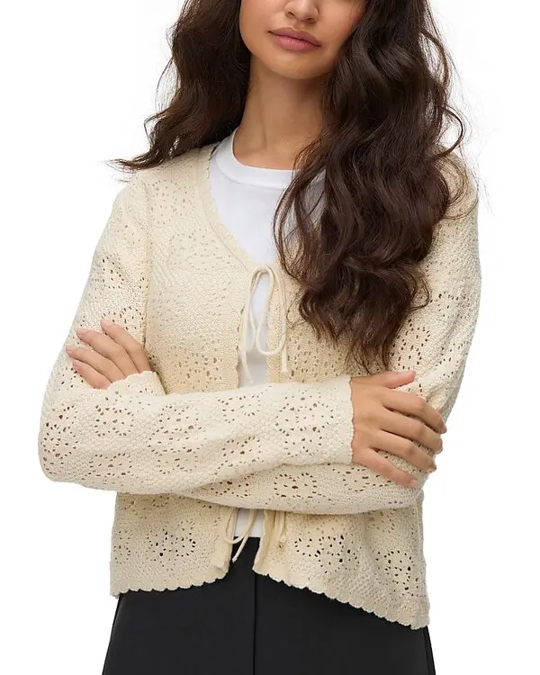 Vero Moda Tie Front Long Sleeve V Neck Cardigan - Birch